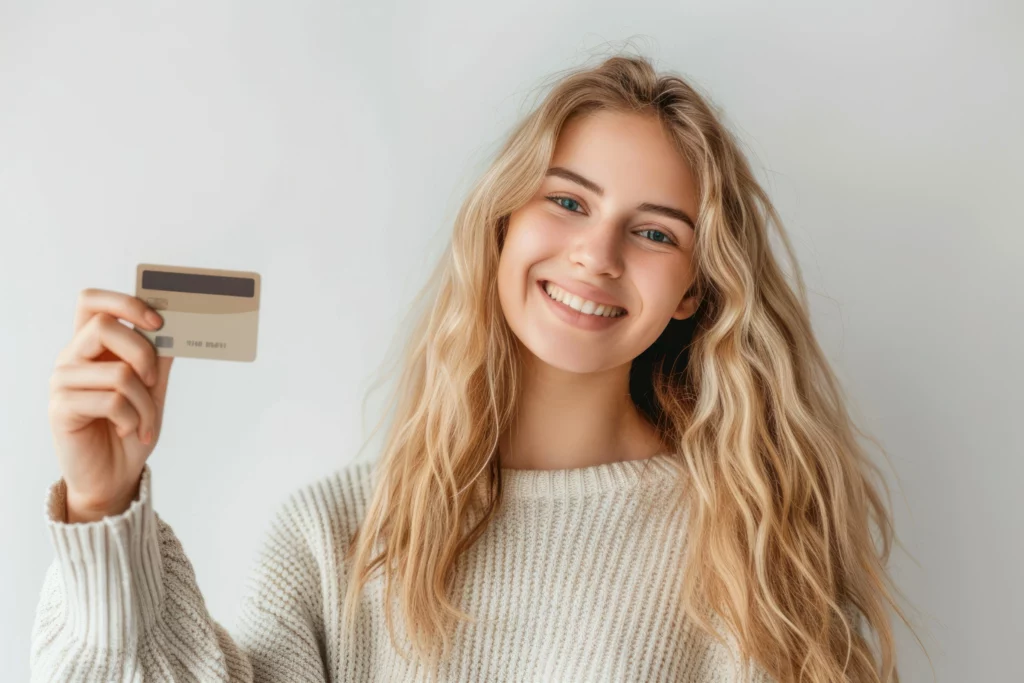 woman-holding-credit-card-person-blonde-happy - RNF Construction